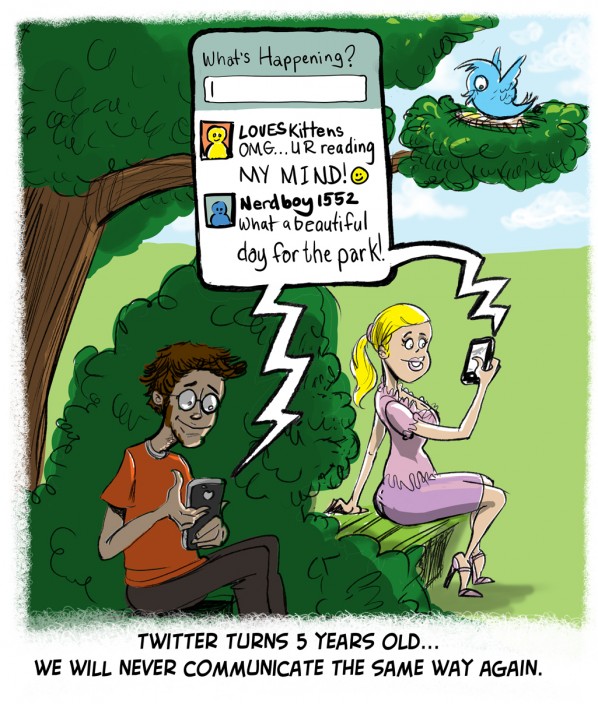 Twitter turns 5 Years Old-Communication Never the Same Cartoon Twitter turns 5 Years Old-Communication Never the Same Cartoon